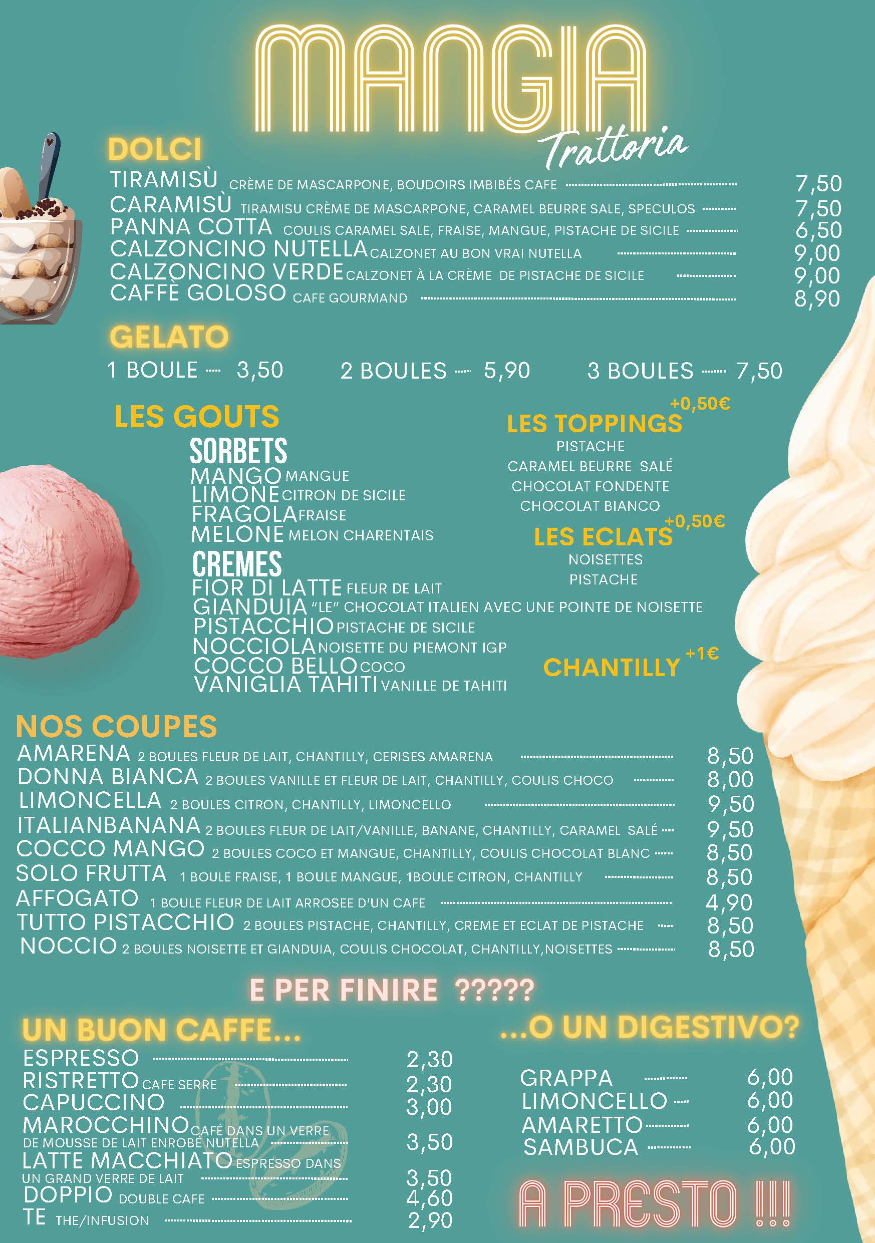 Menu Mangia Vélizy – Pizzas, pâtes, salades & gelati